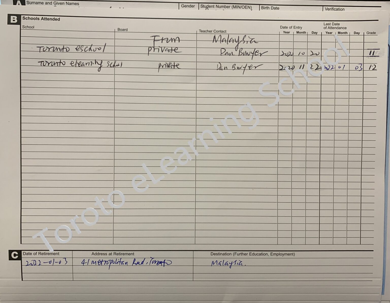 Student Records OSR / Transcripts - Toronto eLearning School