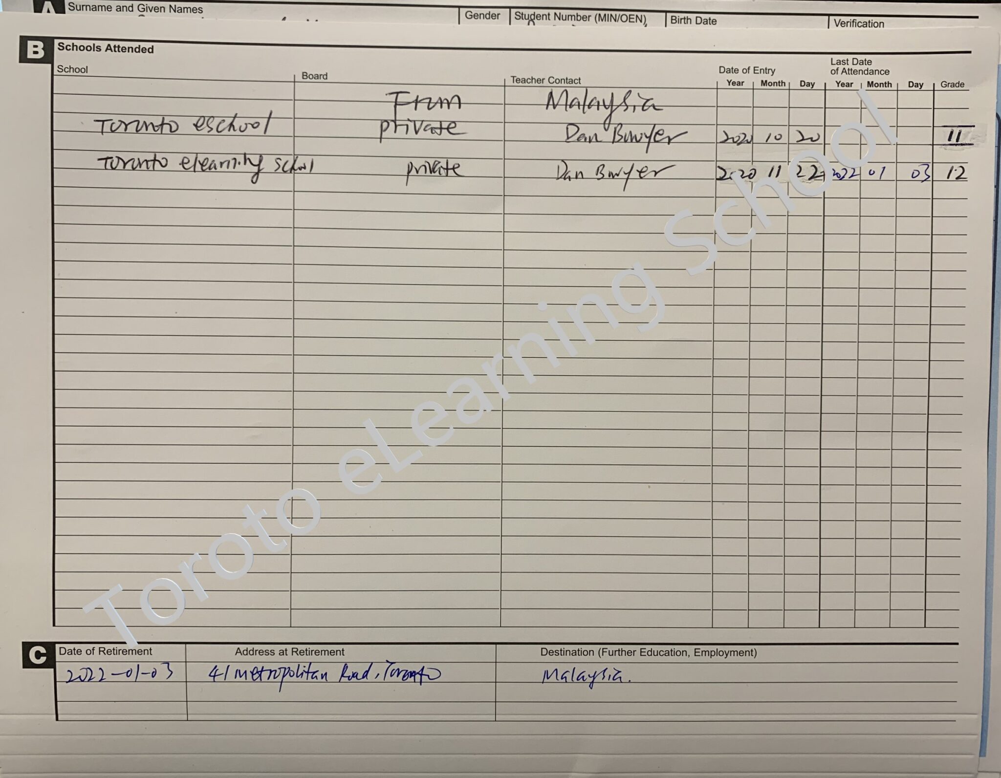 Student Records OSR / Transcripts - Toronto eLearning School
