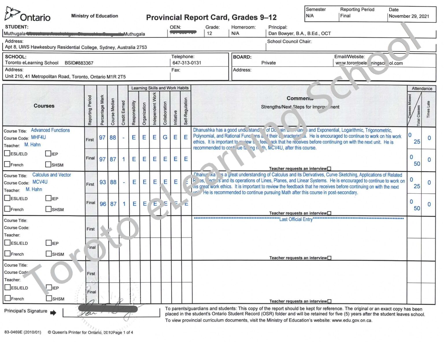 Student Records OSR / Transcripts - Toronto eLearning School